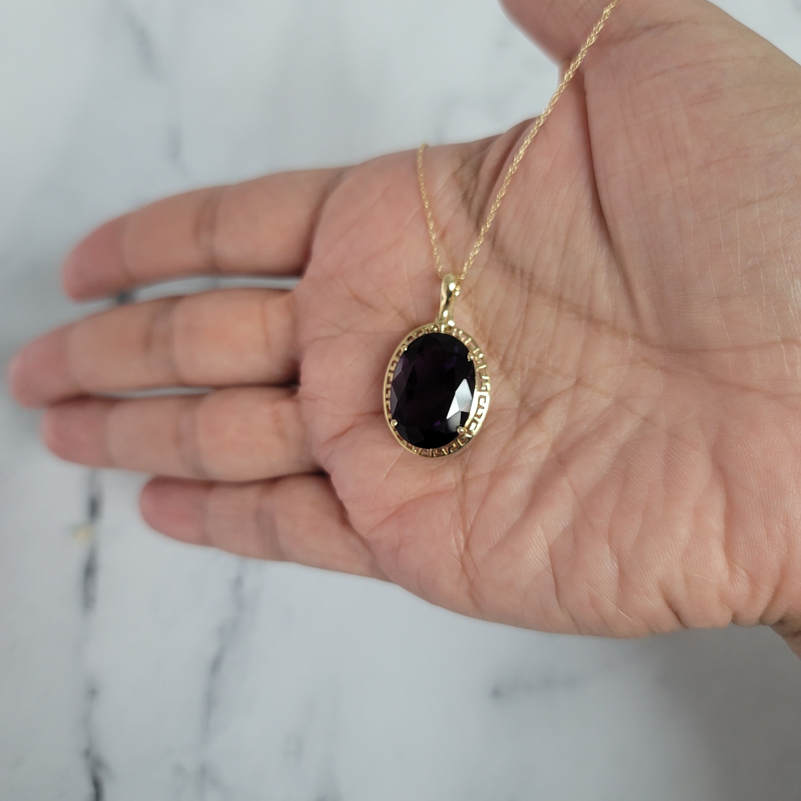 Large Oval Amethyst Necklace with Greek Key Bezel